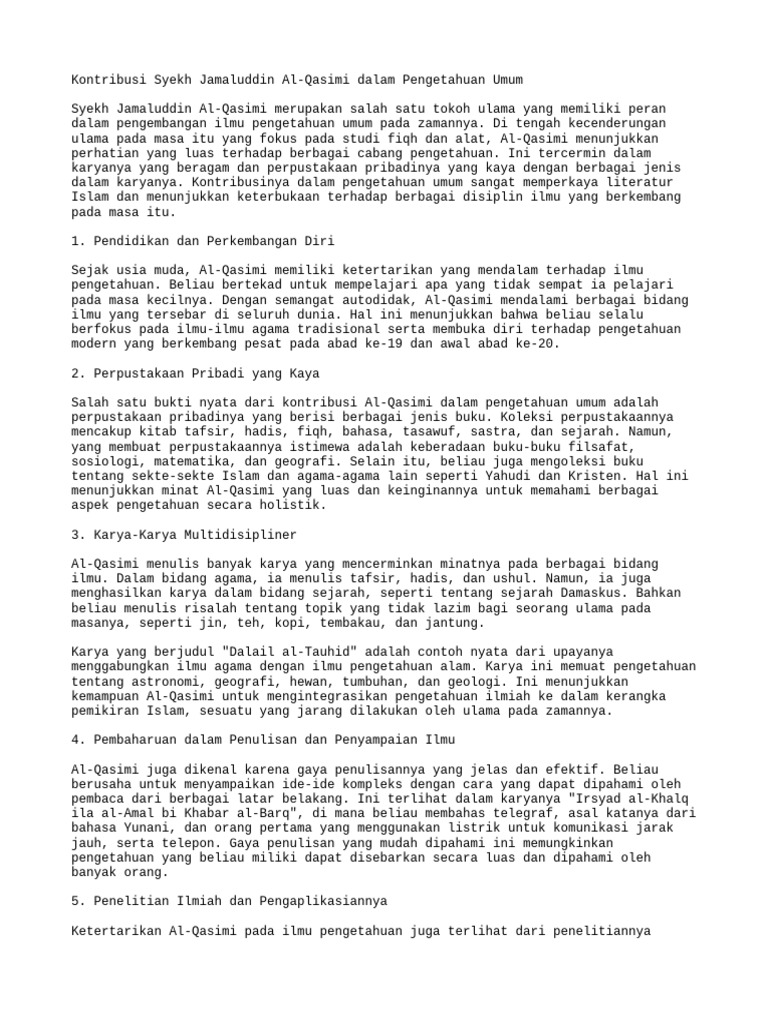 Kontribusi Syekh Jamaluddin Al-Qasimi Dalam Pengetahuan Umum | PDF | Agama & Spiritualitas