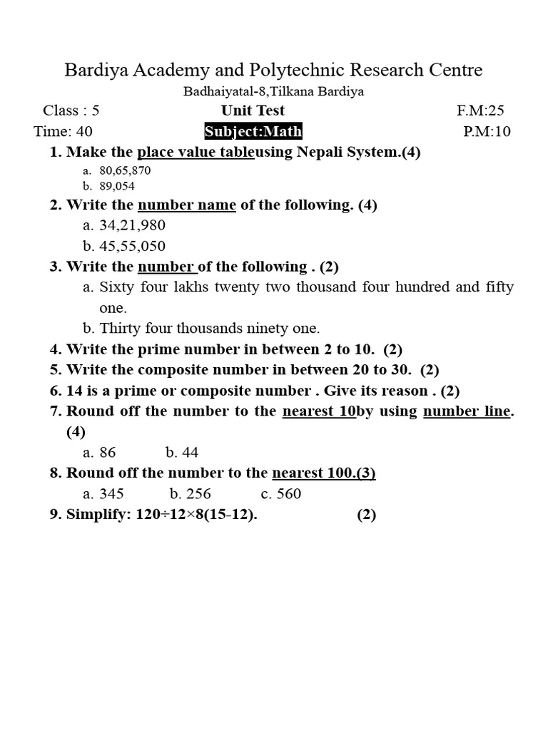 Class 5 Unit test questions Number system) | PDF