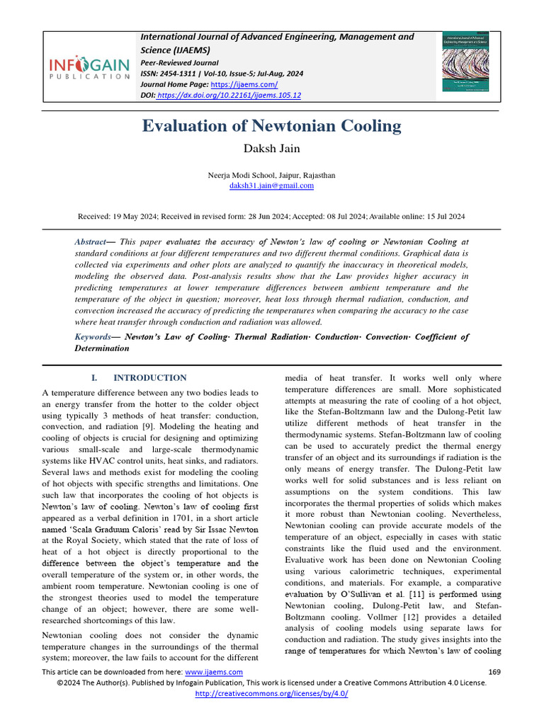 Evaluation Of Newtonian Cooling Pdf Heat Transfer Thermal Conduction