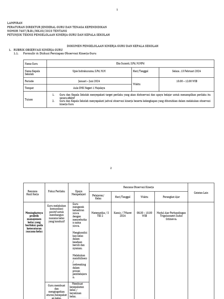 Rubrik Observasi Kinerja Guru (Formuir A-D) EKA. S | PDF