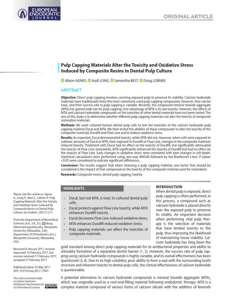 Agnes 2017 Toxicity of Pulpcapping Materials Dycal Durafill | PDF ...