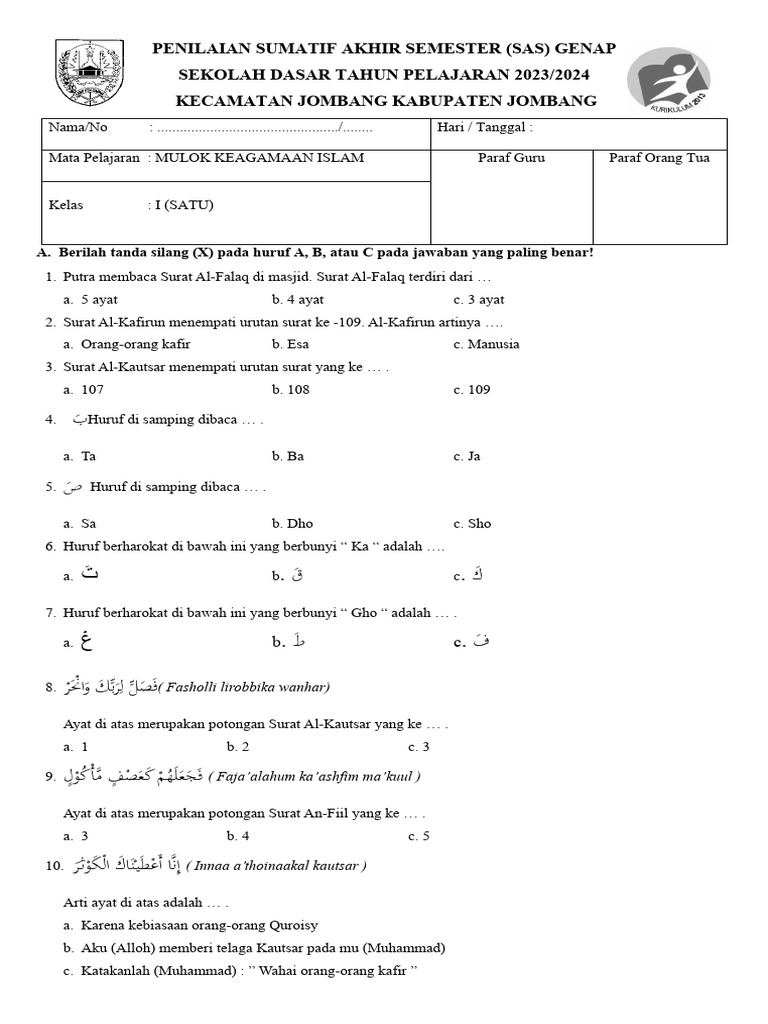 SOAL SAS GENAP 2023-2024 MKI KELAS 1-5 | PDF