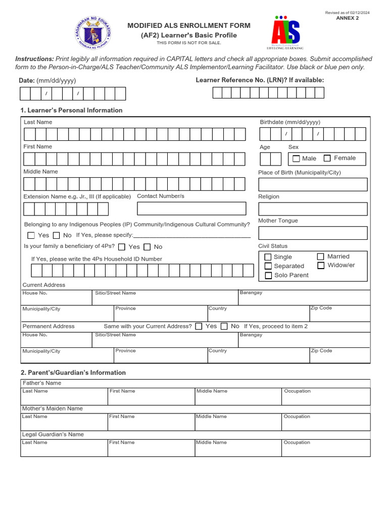 Modified ALS Enrollment Form AF2 | PDF | Disability | Visual Impairment