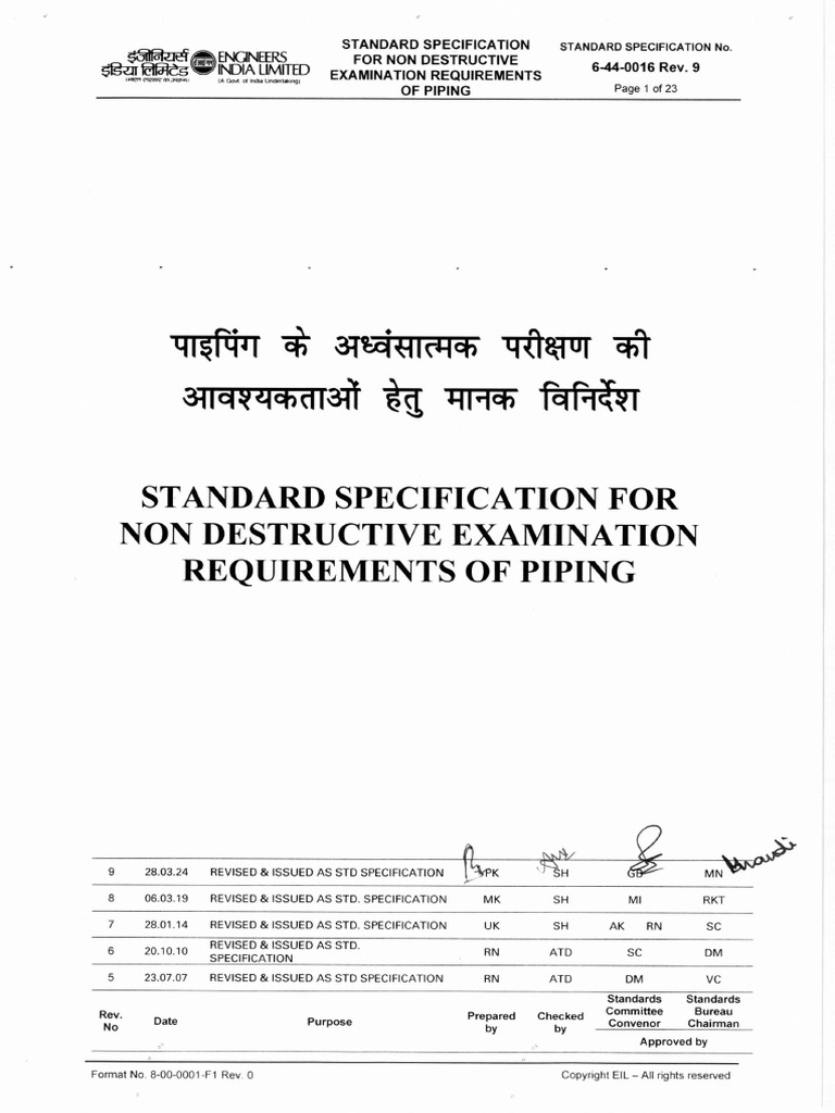 6-44-0016 Rev 9 - EIL STD SPEC FOR NDT OF PIPES | PDF | Welding ... 6-44-0016 Rev 9 - EIL STD SPEC FOR NDT OF PIPES | PDF | Welding ...