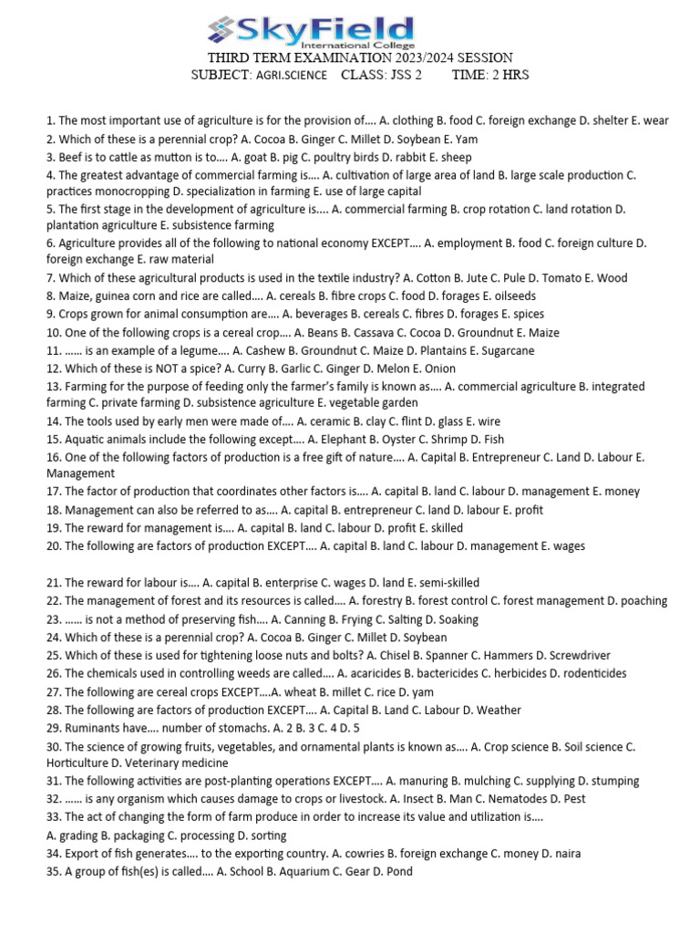 jss2 Agricultural Science QUESTIONS FOR THIRD TERM-WPS Office | PDF ...