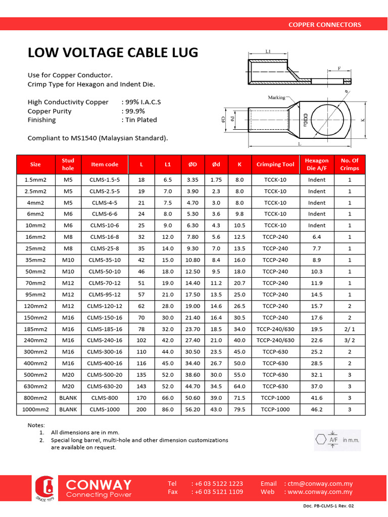 Copper Cable Lugs Specifications | PDF | Electrical Connector | Electronics