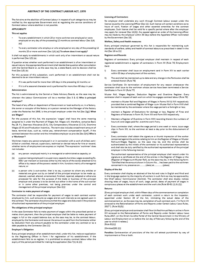 Overview of the Contract Labour Act 1970 | PDF | Employment | Overtime