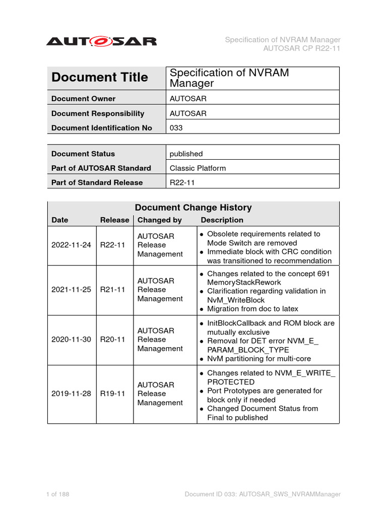AUTOSAR SWS NVRAMManager | PDF | Computer Data Storage | Specification (Technical Standard)