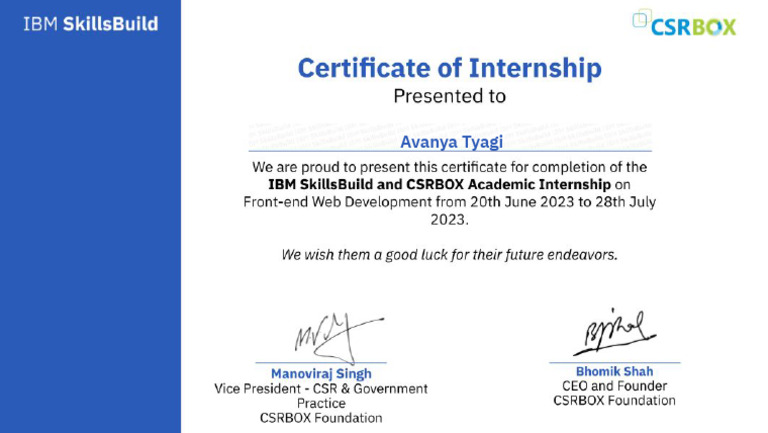 IBM SkillsBuild and CSRBOX Academic Internship Certificate | PDF