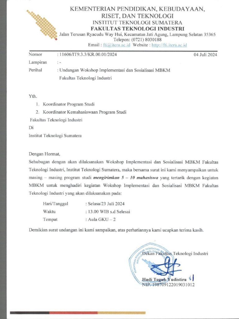 Undangan Workshop Implementasi Dan Sosialisasi MBKM FTI | PDF