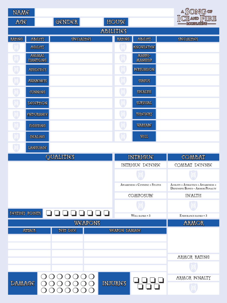 A Song of Ice and Fire Roleplaying - Character Sheet (Fillable) | PDF | Gaming | Leisure