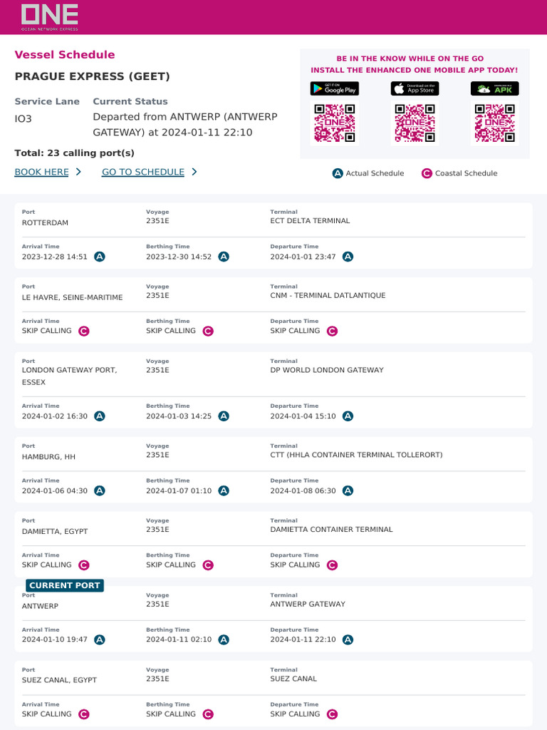 ONE Vessel Schedule 20240208 | PDF | Port | Shipping