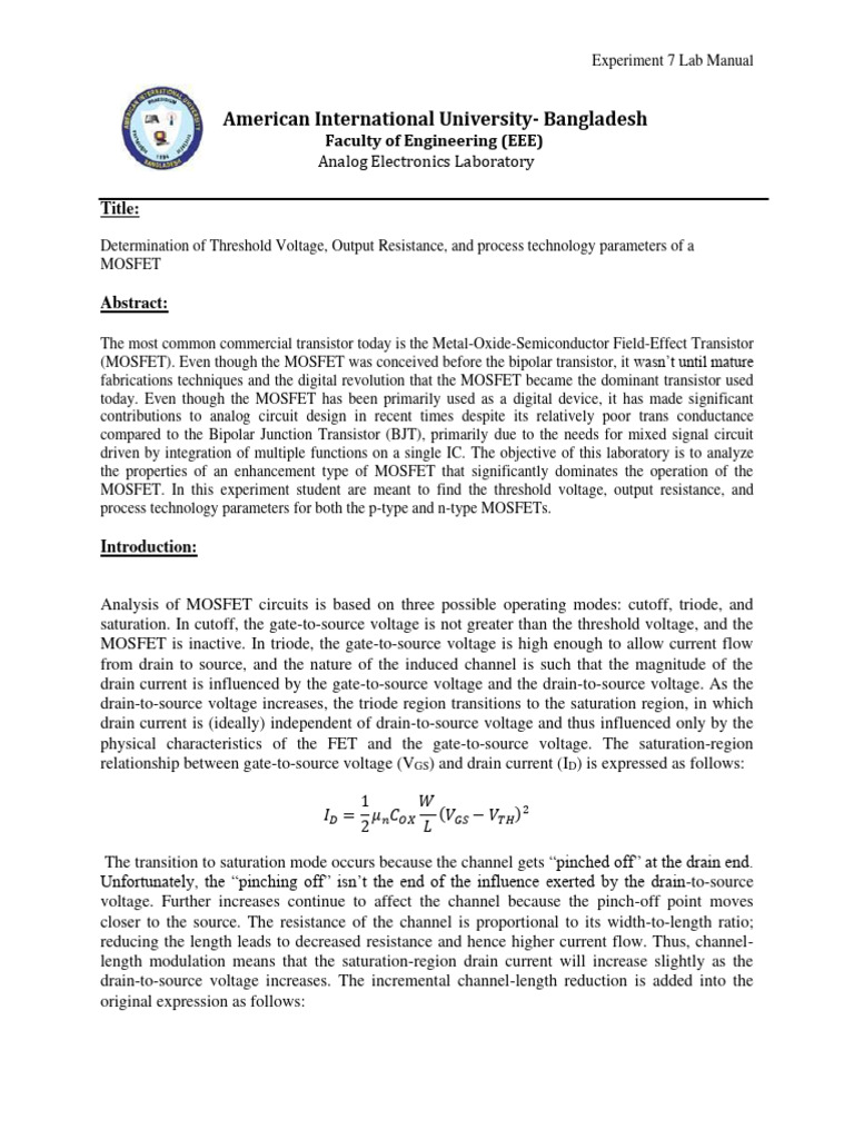 Ae - Exp - 7 - Student Manual | PDF | Field Effect Transistor | Mosfet