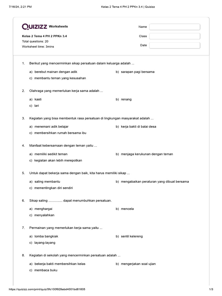 Kelas 2 Tema 4 PH 2 PPKN 3.4 PERSATUAN - Quizizz | PDF | Game & Aktivitas | Seni