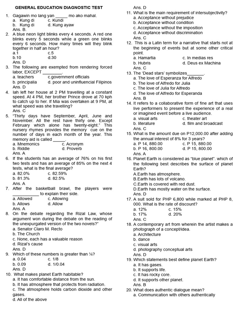 General Education Diagnostic Test | PDF | Atmosphere | Planetary Science