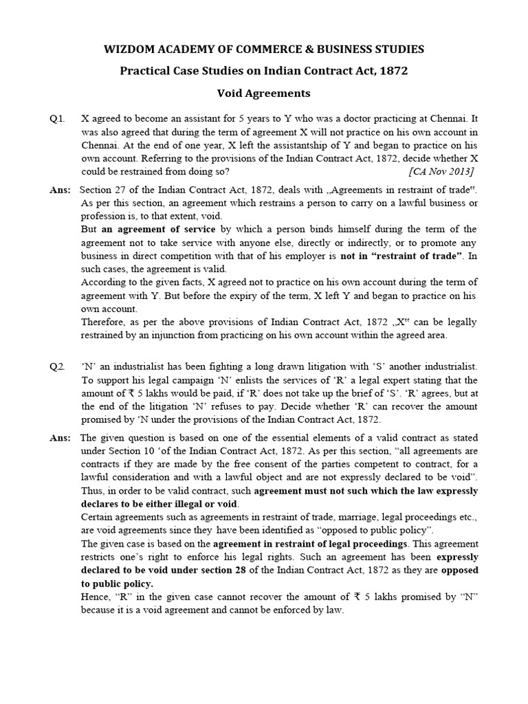 Indian Contract Act - Case Study Qn. and Answers | PDF | Damages | Restraint Of Trade