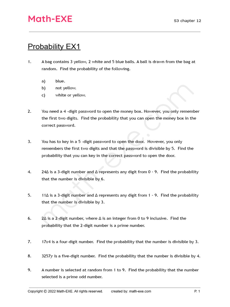 s3 Ch12 Probability Ex1 Eng | PDF | Expected Value | Probability