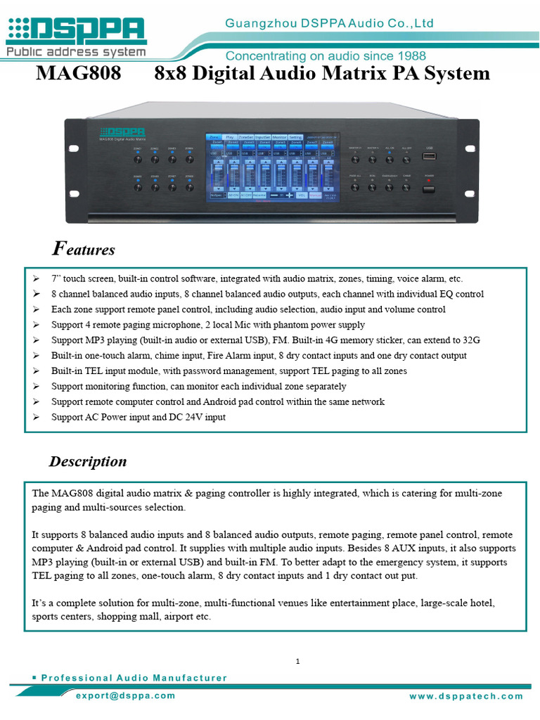 Data Sheet-MAG808 - 8x8 Digital Audio Matrix PA System | PDF | Power Supply | Microphone