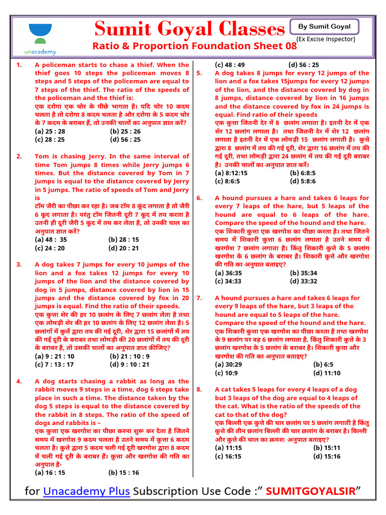 Ratio Proportion Foundation Batch Unacadmey Sheet 08 | PDF
