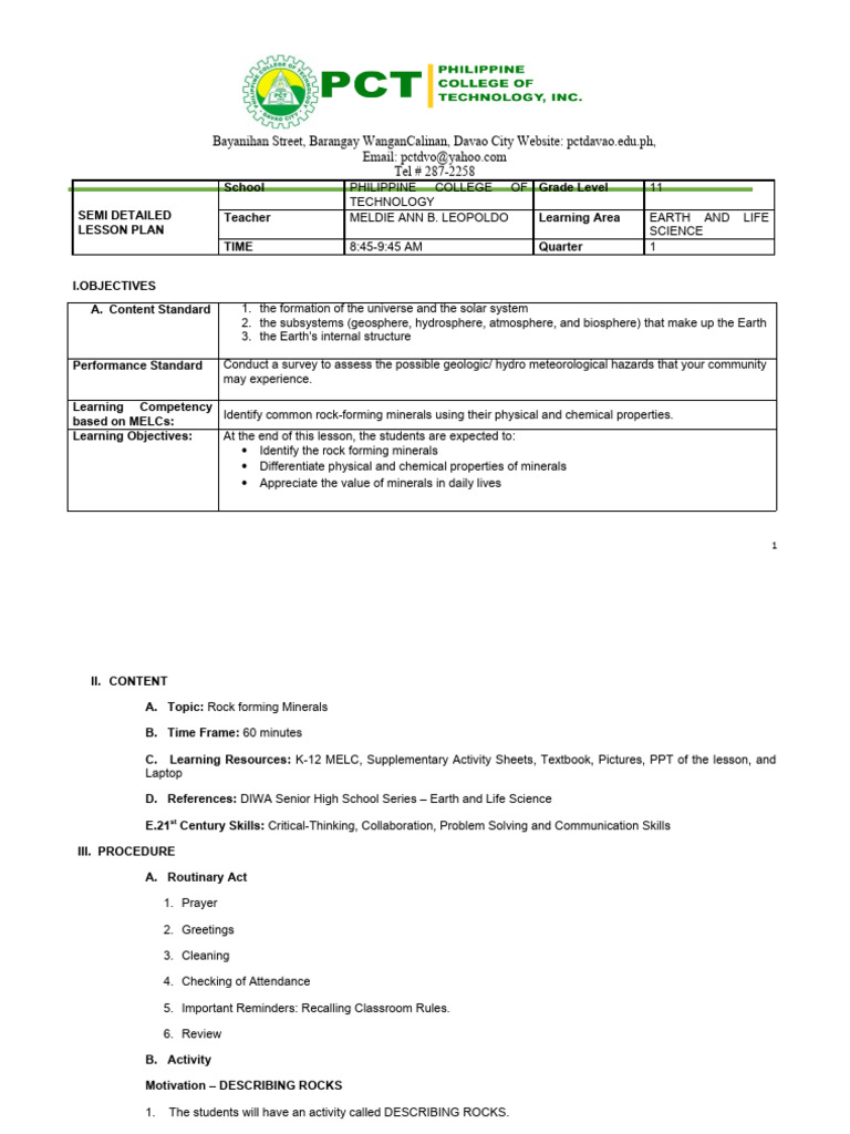 Lesson Plan Week 3 | PDF | Minerals