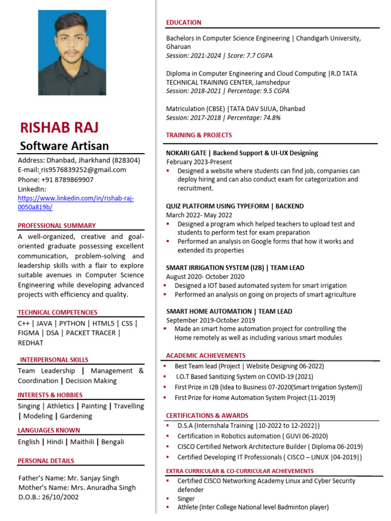 Rishab Raj_21BCS8041_Resume_compressed | PDF | Computing | Computer Science
