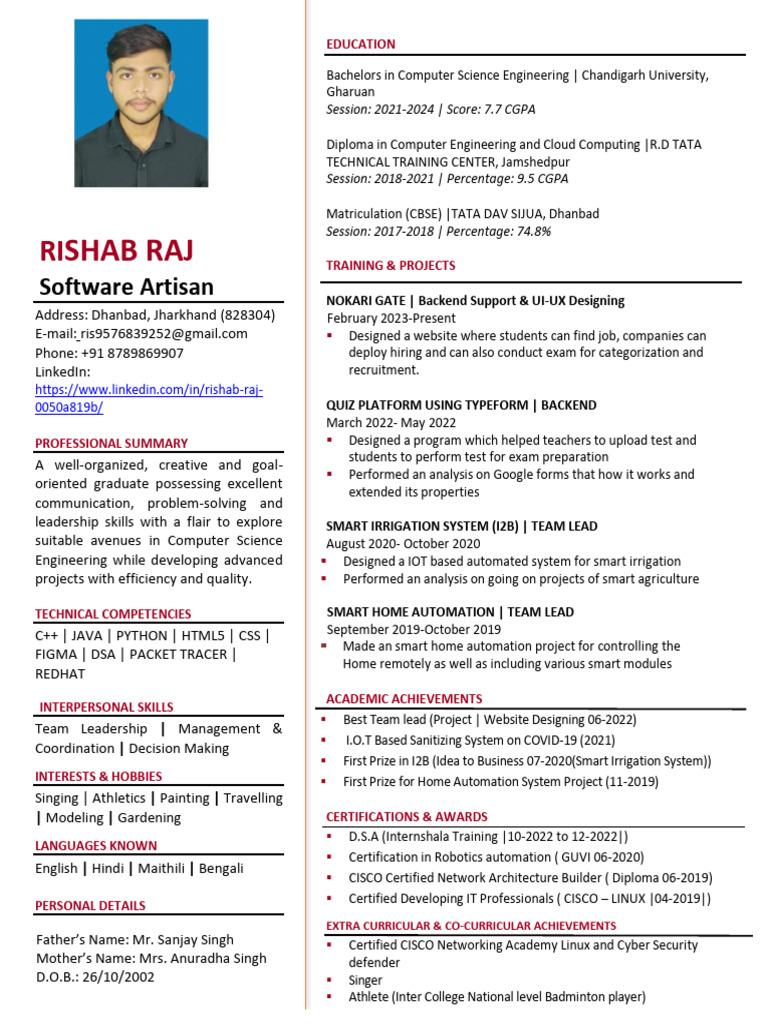 Rishab Raj - 21BCS8041 - Resume | PDF | Computing | Computer Science