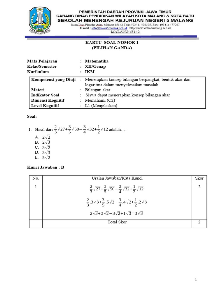 Kartu Soal Usp Matematika 2023-2024 | PDF