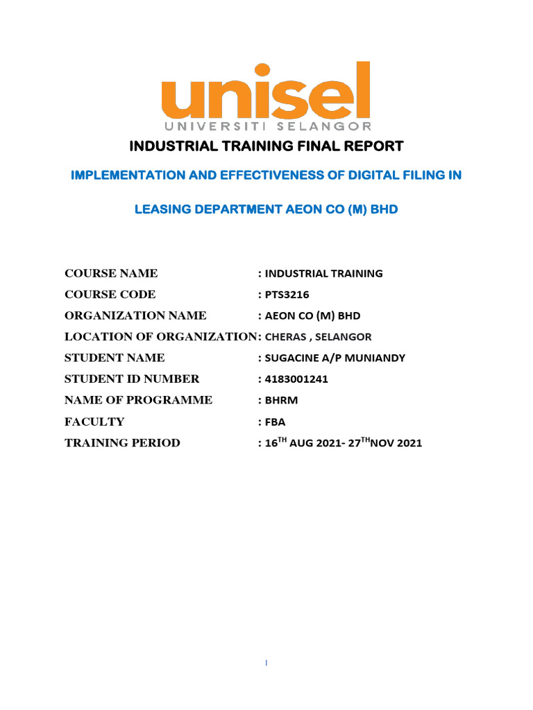 Industrial Training Final Report-Sugacine Muniandy | PDF