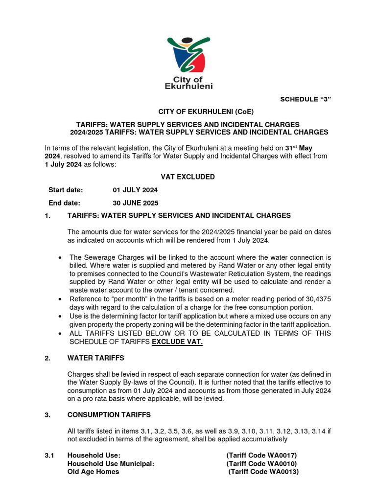 Schedule 3 Water Tariffs 2024 2025 | PDF | Water Supply | Tariff