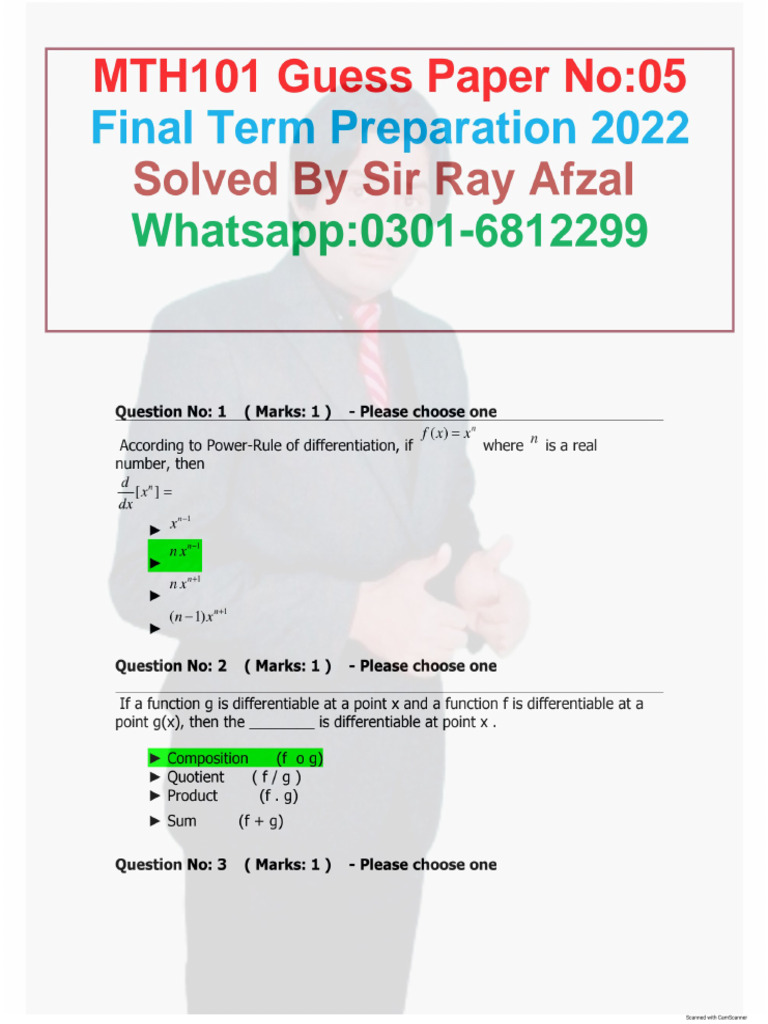 MTH101 Final Term Guess Paper No-05 by Sir Ray Afzal | PDF