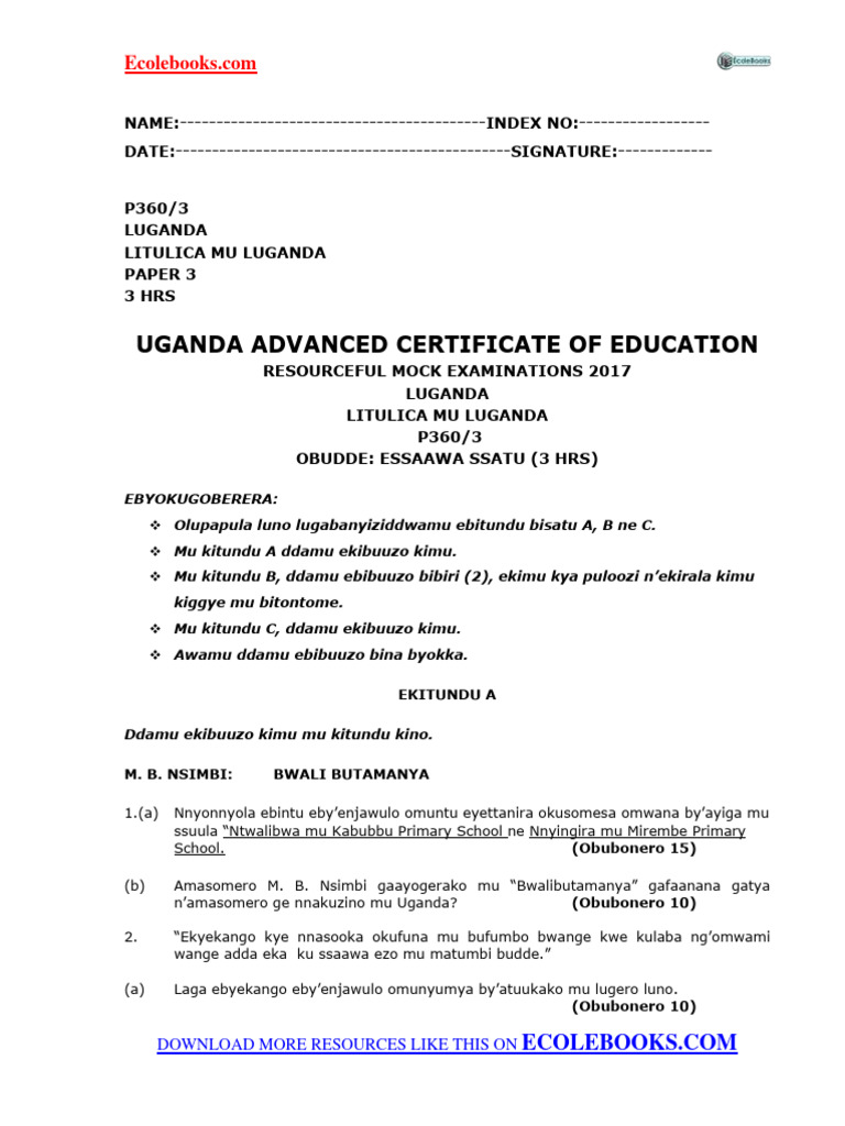 S6 Luganda P3 Revision Past Papers | PDF