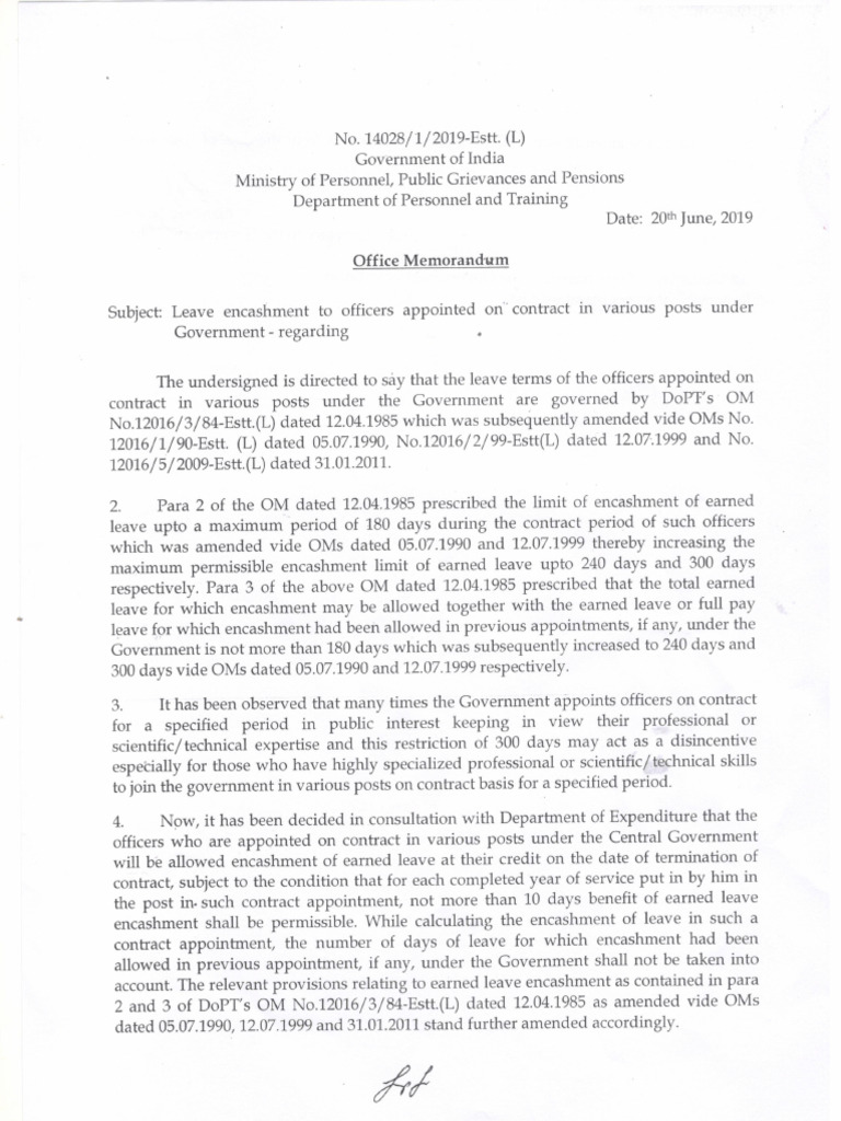 OM - EL Encashment For Contractual Employement | PDF