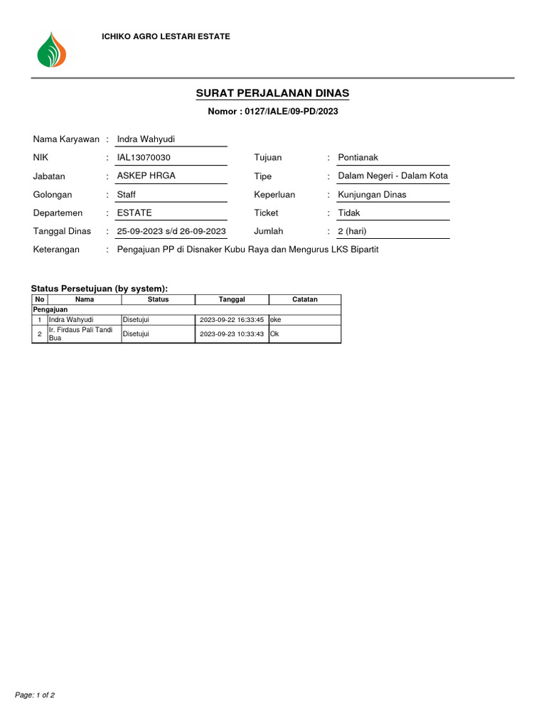 Surat Perjalanan Dinas: Nomor: 0127/IALE/09-PD/2023 | PDF
