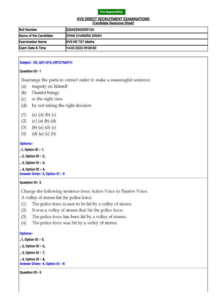 Kvs Response Sheet | PDF | Qualifications | Student Assessment And ...