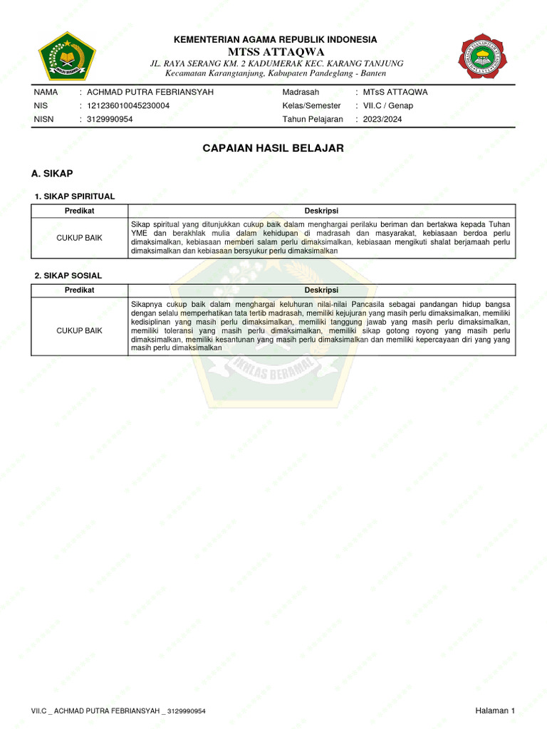 Rapor Kelas VII.C | PDF