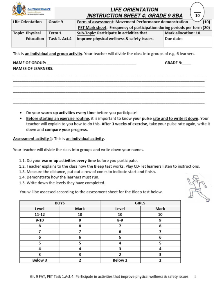 Instruction Sheet 4, Gr.9 PET 1. Activities That Improve Physical ...