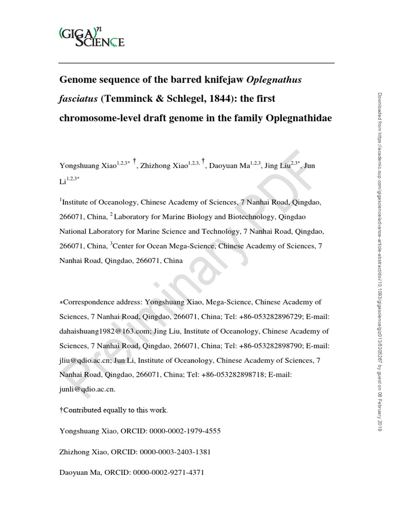 Genome Sequence of The Barred Knifejaw Oplegnathus: Fasciatus (Temminck ...