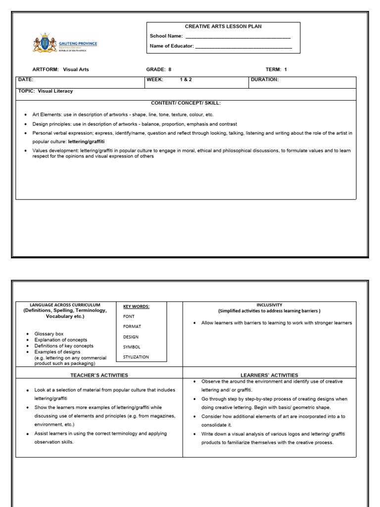 Visual Arts Lesson Plan 2019 Gr8 | PDF | Learning | The Arts