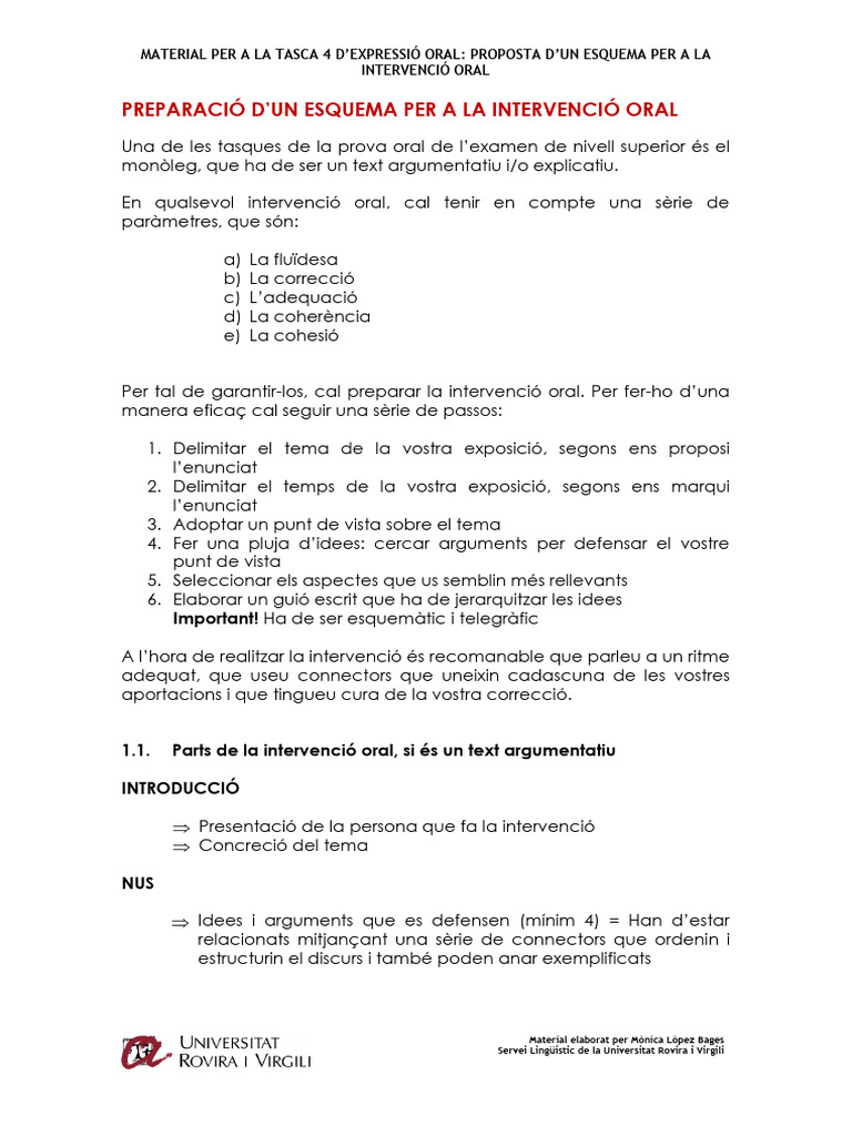 Preparació D'Un Esquema Per A La Intervenció Oral: Important! Ha de Ser Esquemàtic I Telegràfic ...