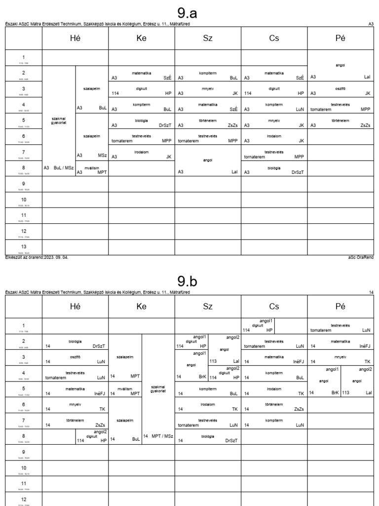 Orarend 20230905 Osztalyok | PDF