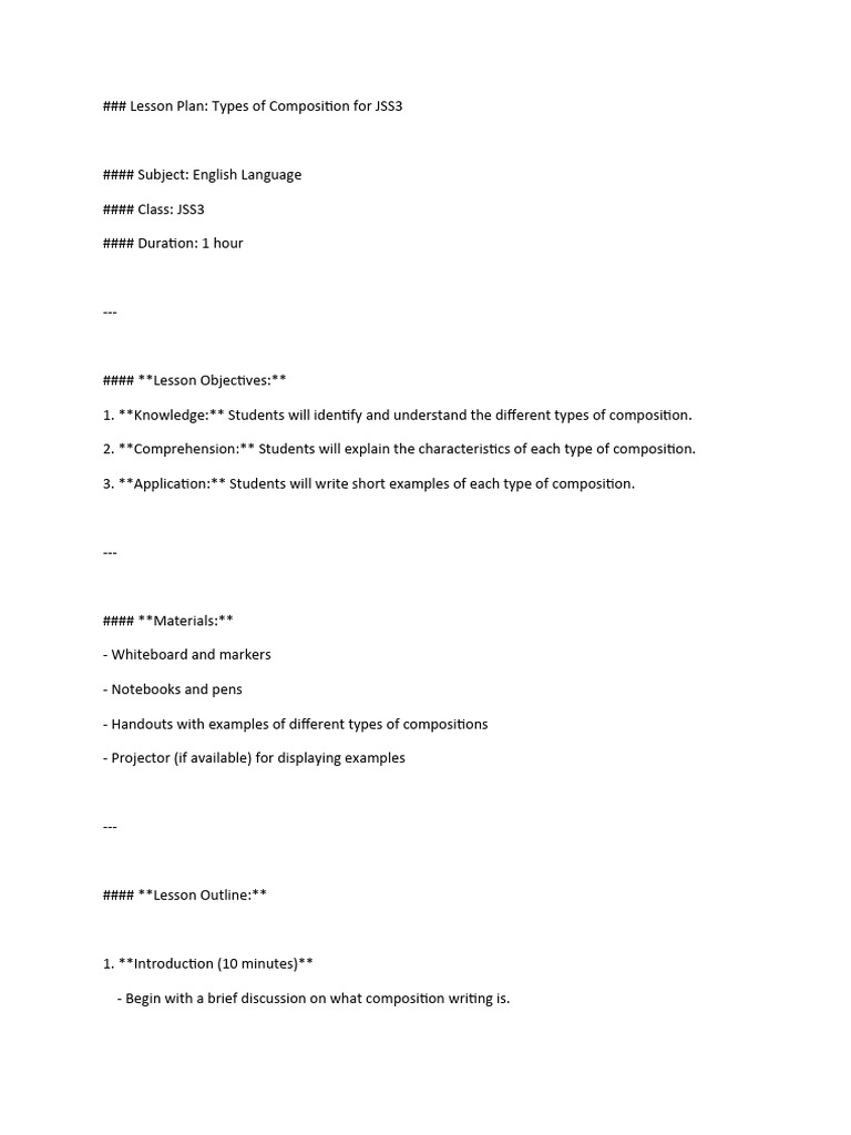 JSS3 English Composition Lesson Plan | PDF