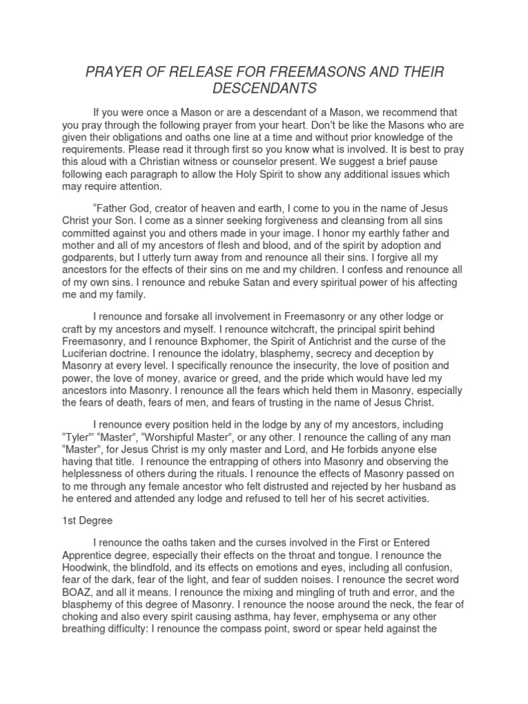 Prayer of Release For Freemasons and Their Descendants | PDF ...