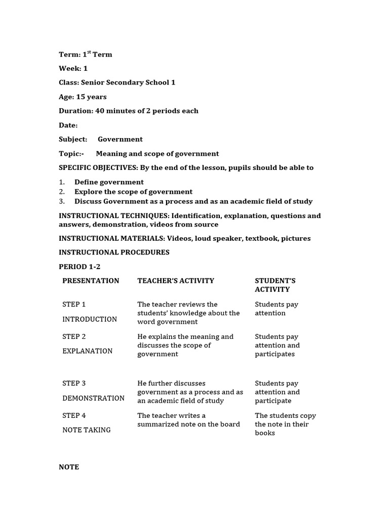 Government Lesson Note First Term SS1 | PDF | Governance | Policy