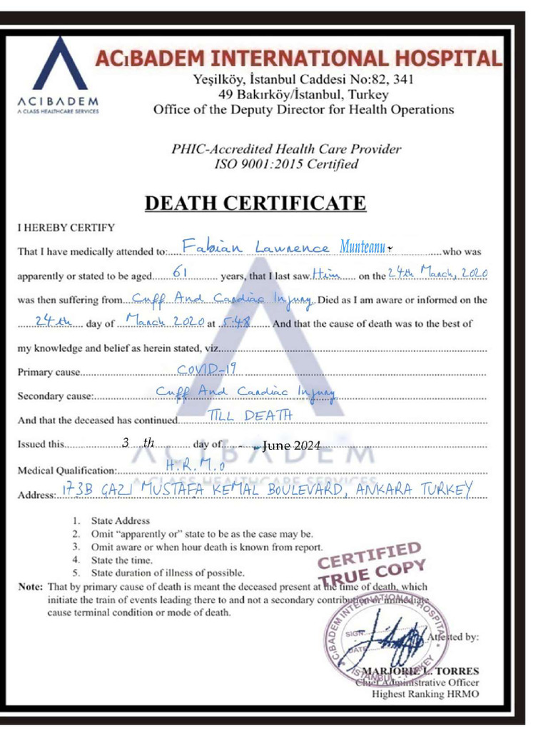 Certificate de Decès MUNTEANU | PDF