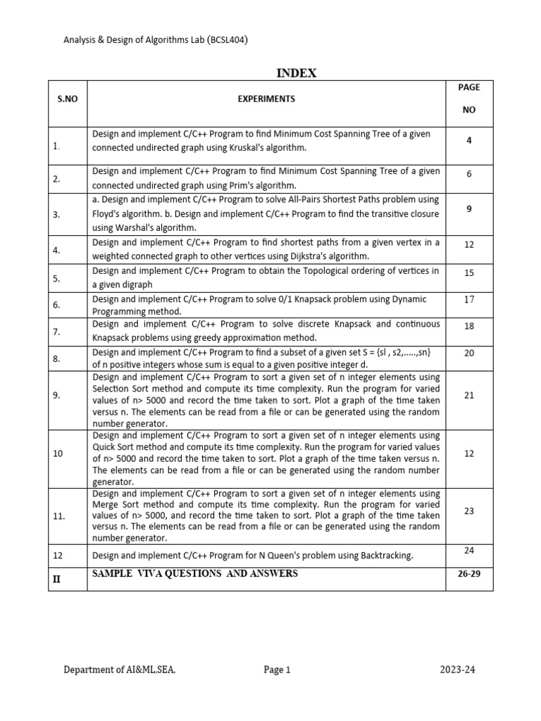 ADA Lab Manual Updated 2023-24 NEW | PDF | Theoretical Computer Science | Mathematical Relations
