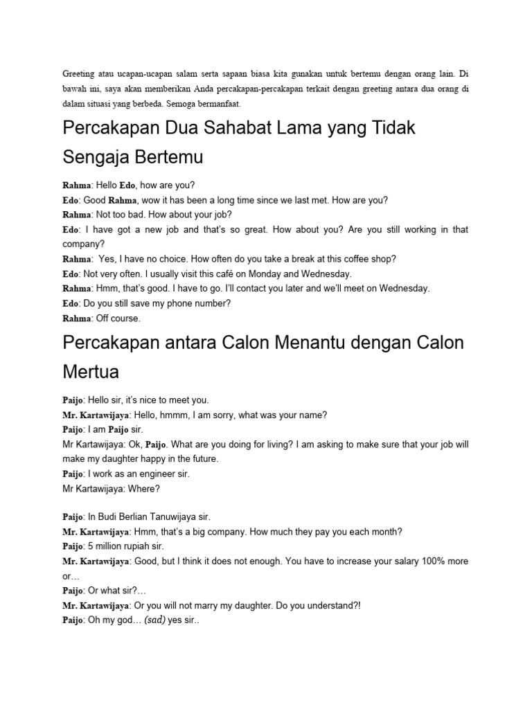 3 Dialog Atau Percakapan Bahasa Inggris 2 Orang Tentang Greeting | PDF | Language Arts ...