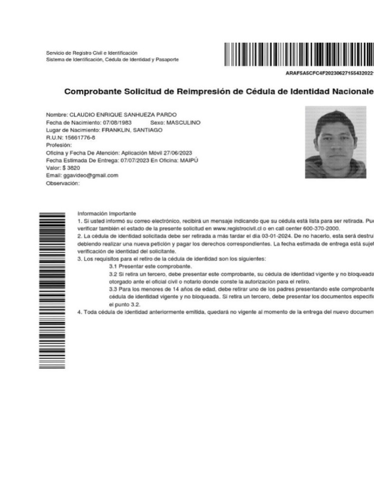 Comprobante Solicitud de Reimpresión de Cédula de Identidad Nacional | PDF