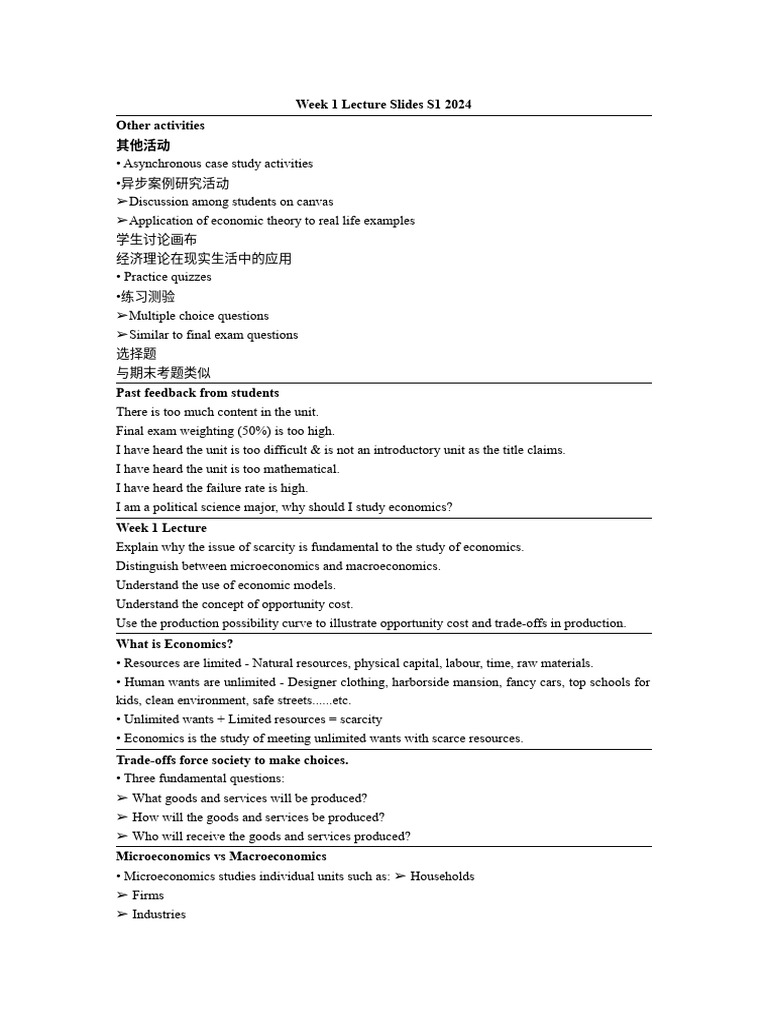 Week 1 Lecture Slides S1 2024 | PDF | Economics | Opportunity Cost