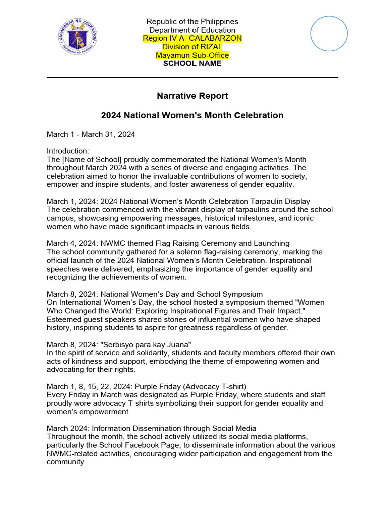 NARRATIVE REPORT AND DOCUMENTATION 2024 National Women's Month ...