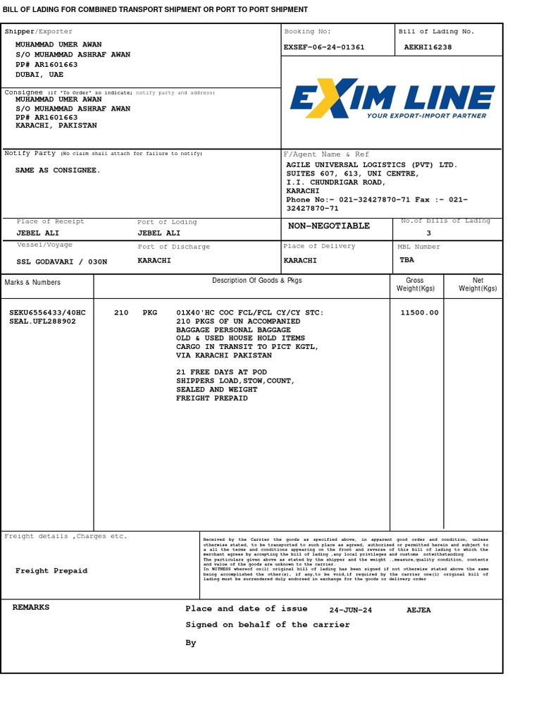 Bill of Lading for Combined Transport | PDF | Cargo | Bill Of Lading